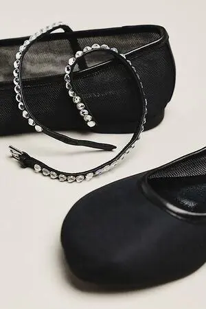 Lola Cruz Rhestone Mesh Ballet Flats - Black