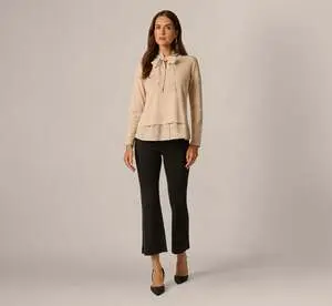 Adrianna Papell Long Sleeve Tie Neck Pearly Trim Twofer Sweater - Champagne Blush
