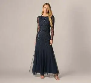 Adrianna Papell Long Sleeve Floral Sequin Beaded Gown
