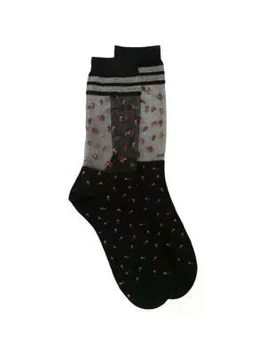 ANT45 Peng Short Floral-print Sheer-panel Socks - Black