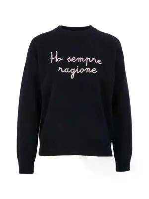 MC2 SAINT BARTH Navy- Tessa Wool And Cashmere Blend Crewneck Knit With Ho Sempre Ragione Embroidery - Blue