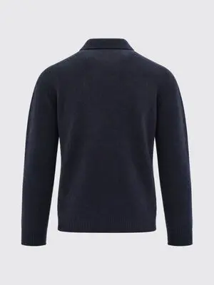 PAOLO PECORA Long-sleeved Knit Cotton Polo Shirt With Ribbed Collar - Navy
