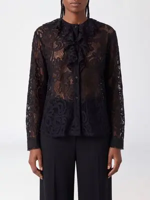 NUDE Long-sleeved Embroidered Lace Blouse With Ruffles And Crew Neck