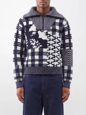 Loewe Abstract Pattern Wool Half-zip Jumper With Ribbed Hems - Navy