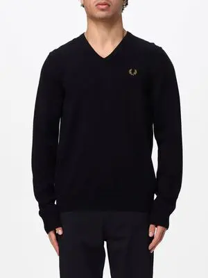 Fred Perry V-neck Wool And Cotton Blend Jumper With Embroidered Logo - Navy