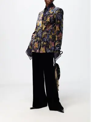 Etro Floral Print Velvet Double-breasted Blazer With Peak Lapels