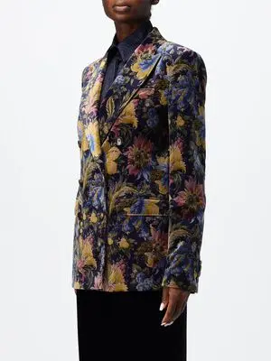 Etro Floral Print Velvet Double-breasted Blazer With Peak Lapels