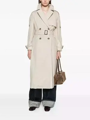 Max Mara Long Double-breasted Trench Coat In Water-repellent Cotton Beige