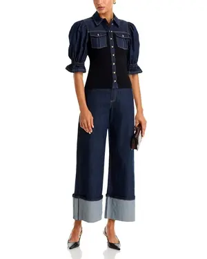 Cinq À Sept Lyric Indigo Ponte Puff Sleeve Blouse