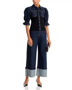 Cinq À Sept Lyric Indigo Ponte Puff Sleeve Blouse - Indigo/black