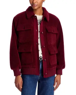 The Great. The Patch Pocket Plush Teddy Fleece Jacket - Maroon