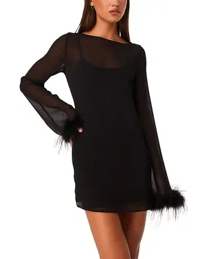 SNDYS. Gaia Feather Trim Mini Dress - Black