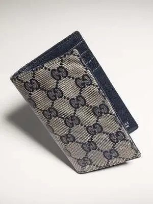 Gucci Blue Leather Card Case With Interior Card Slots And Hidden Compartments