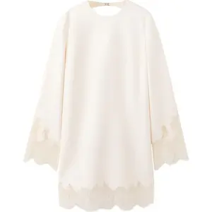 Mango Lace Trim Long Sleeve Shift Dress - Ecru