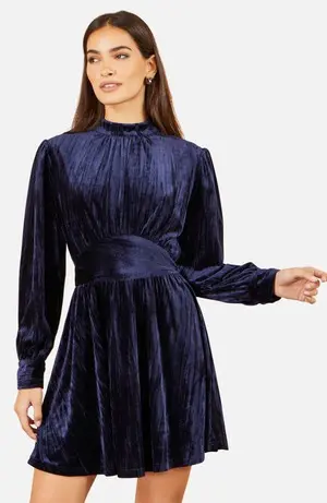 YUMI Ruched Waist Velvet Skater Dress