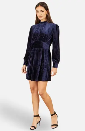 YUMI Ruched Waist Velvet Skater Dress