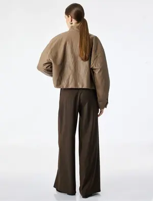 Koton Funnel Neck Faux Leather Crop Bomber Jacket - Mink
