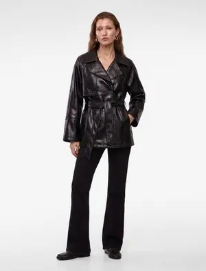 Koton Belted Double-breasted Faux Leather Trench Coat