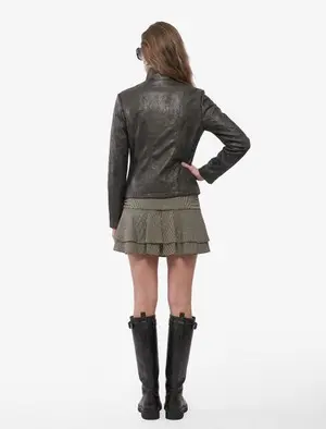 Koton Funnel Neck Faux Leather Military Jacket Asymmetric Front Overlap
