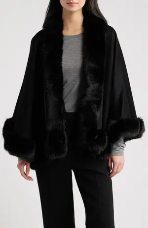 Sofia Cashmere Cashmere Cape With Faux Fur Trim - Black