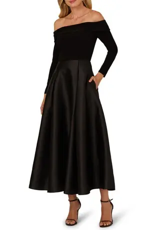 Adrianna Papell Off The Shoulder Mikado Fit And Flare Ankle Dress - Black
