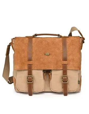 TSD BRAND Valley Oak Canvas And Leather Organizer Messenger Bag - Khaki
