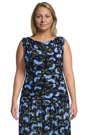 LANDS' END Sleeveless Silky Knit Drape Front Top - Deep Sea/blue Hydrangea