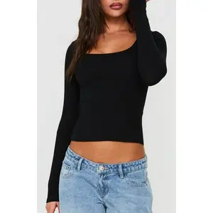 Princess Polly Baseline Square Neck Long Sleeve Rib Top - Black