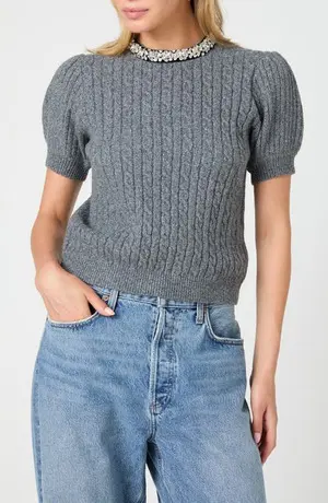 French Connection Avea Embellished Cable Knit Sweater - Medium Heather Grey
