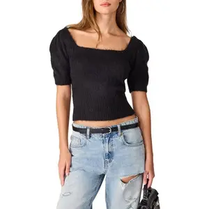 Steve Madden Gabbie Square Neck Puff Sleeve Sweater - Black