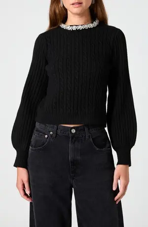 French Connection Avea Crystal Embellished Cable Knit Sweater - Black