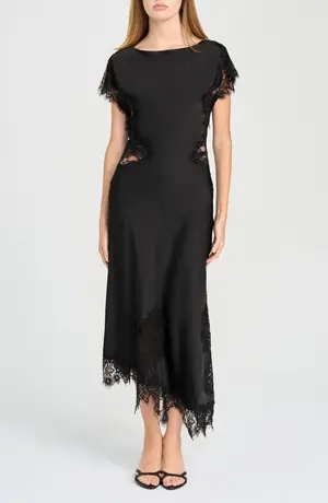 WAYF X Rose Lola Moss Satin & Lace Asymmetric Midi Dress - Black