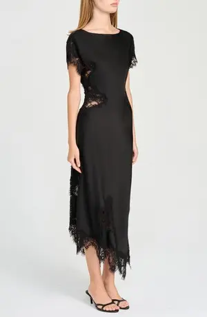 WAYF X Rose Lola Moss Satin & Lace Asymmetric Midi Dress - Black