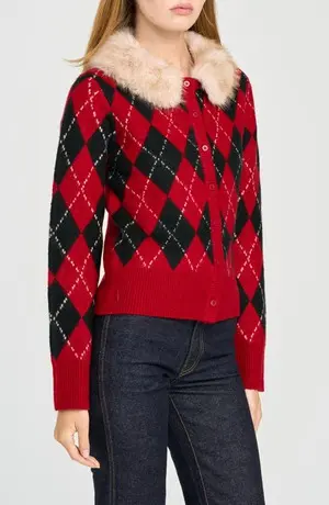 WAYF X Rose Lola Campbell Argyle Cardigan With Faux Fur Collar - Red Combo