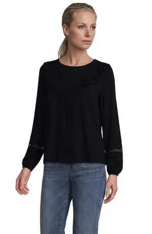 LANDS' END Long Sleeve Lightweight Jersey Crew Neck Lace Ruffle Blouse - Black