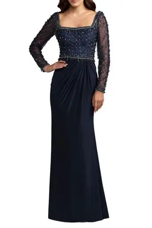 Mac Duggal Embellished Mesh Long Sleeve Gown - Midnight