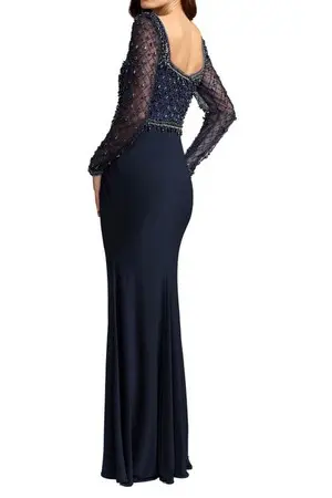 Mac Duggal Embellished Mesh Long Sleeve Gown