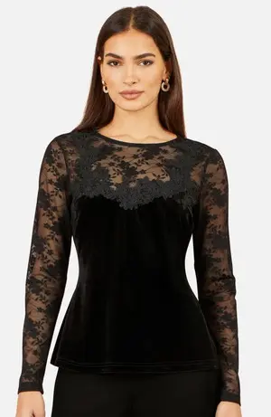 YUMI Lace Applique Long Sleeve Top - Black
