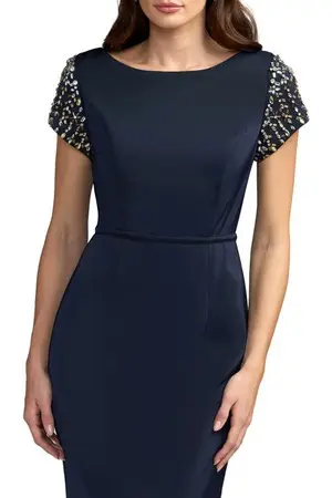Mac Duggal Petite Beaded Cap Sleeve Satin Column Gown - Midnight