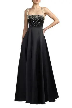 Mac Duggal Petite A-line Pearl Embellished Satin Gown