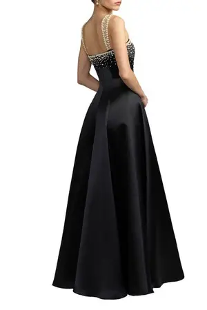 Mac Duggal Petite A-line Pearl Embellished Satin Gown
