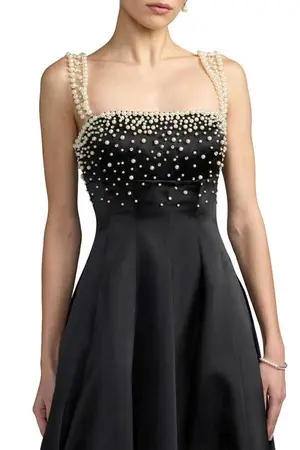 Mac Duggal Petite A-line Pearl Embellished Satin Gown