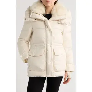 Sam. Scout Down Puffer Coat With Genuine Tibetan Lamb Hair Trim - Ivory