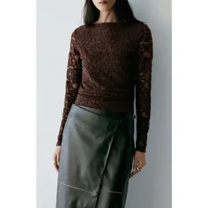 Mango Floral Lace Crewneck Top - Brown