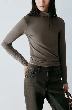 Mango Mock Neck Long Sleeve Top - Medium Brown