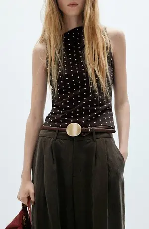 Mango Polka Dot Fitted Sleeveless Top - Brown