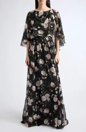 Carolina Herrera Floral Off The Shoulder Silk Chiffon Gown