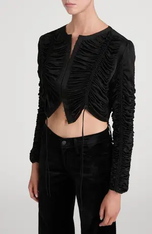 FRAME The Serre Drawstring Ruched Silk Crop Top
