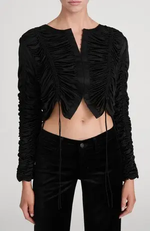 FRAME The Serre Drawstring Ruched Silk Crop Top - Black