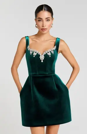 NADINE MERABI Blair Crystal Embellished Velvet Minidress